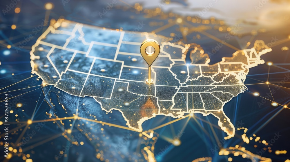 Modern digital map of the USA featuring a gold location pin icon ...