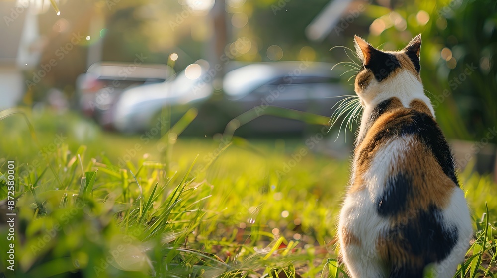 A calico cat standing curiously in a garden, with a backdrop of a home ...