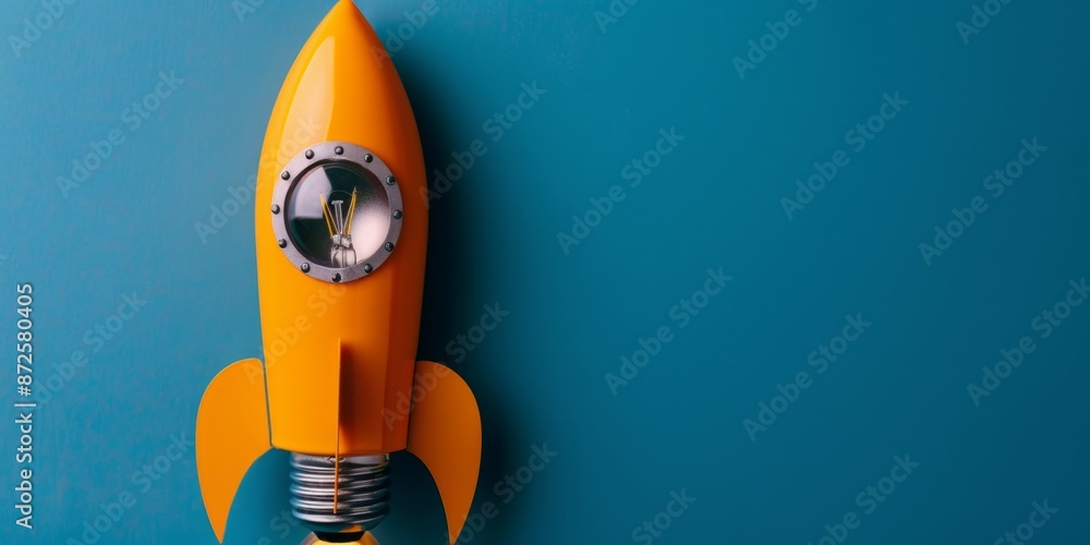 Inspirational Yellow Light Bulb Rocket on Deep Blue Background ...