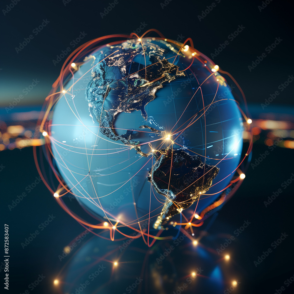 Transparent 3D globe featuring highlighted international flight paths ...