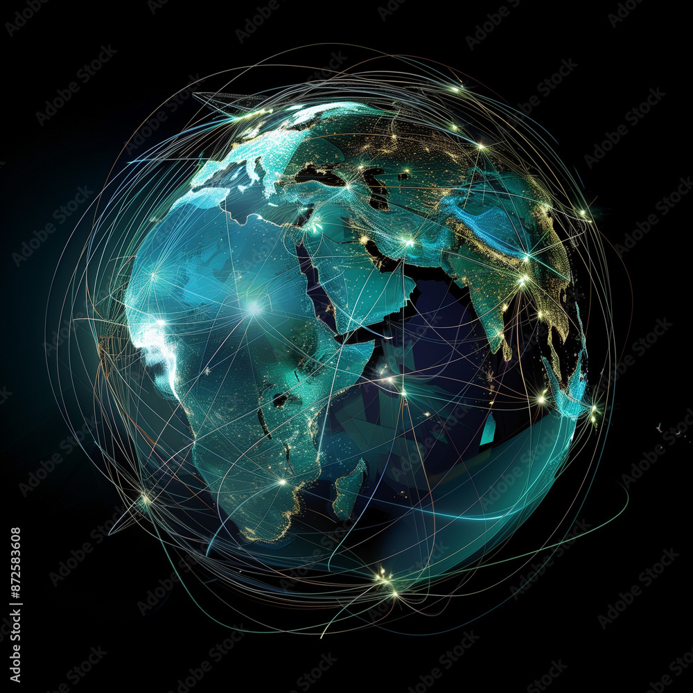 Transparent 3D globe featuring highlighted international flight paths ...