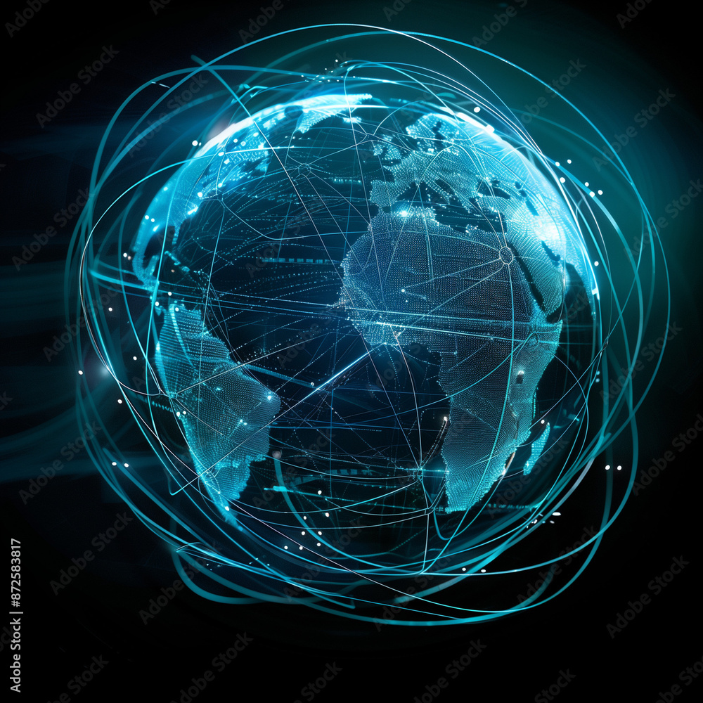 3D transparent globe with highlighted pathways of flights and trade ...