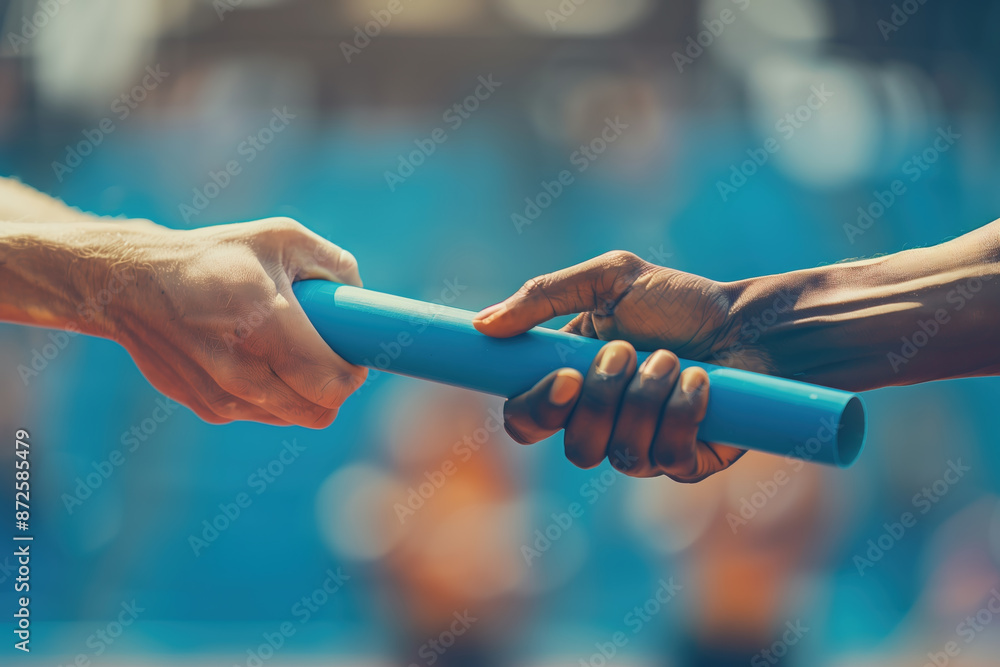 Passing the Relay Baton. Close-up of two hands passing the baton in a ...