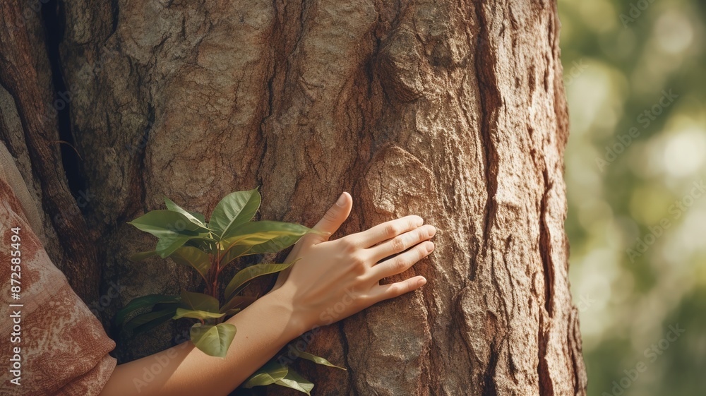 Foto de Banner of Woman hugging a big tree in a park. Womens hands ...