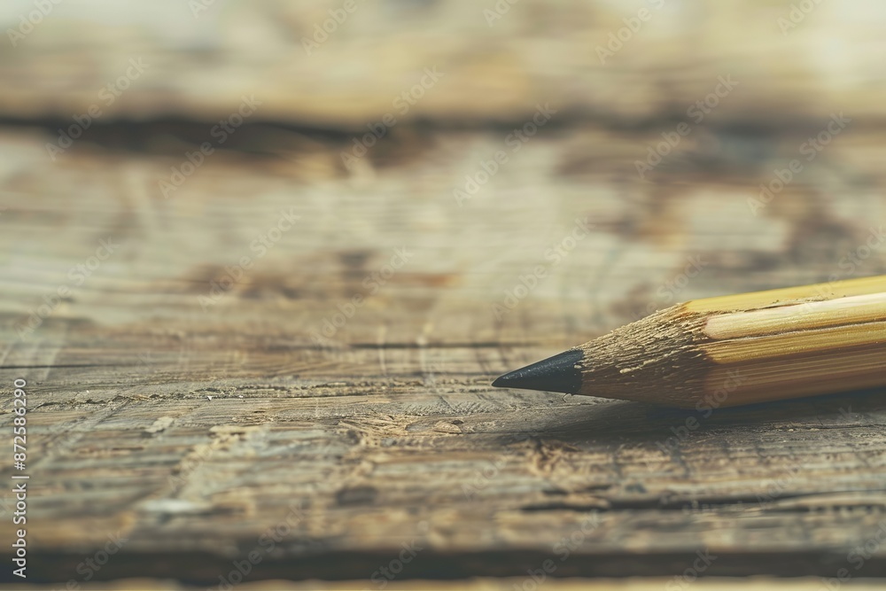 Vintage wooden pencil with a sharpened tip on a rustic table, front ...