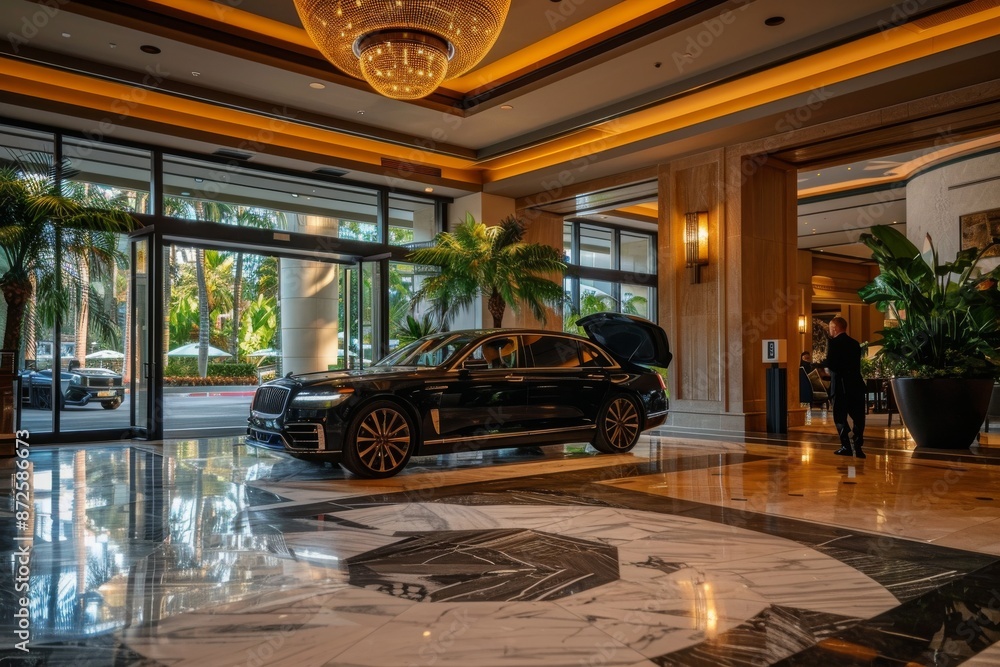 Hotel entrance and lobby with valets opening car doors for guests ...