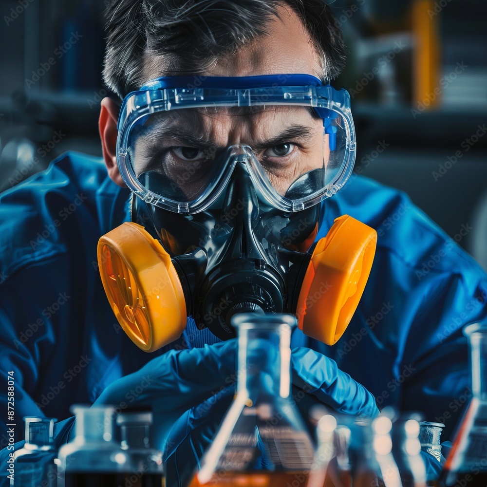 Professional wearing a toxic mask carefully mixing hazardous solutions ...