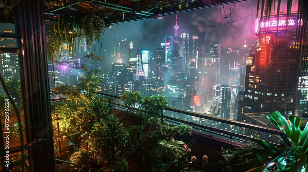 Design a cyberpunk rooftop garden, an oasis of greenery and calm amidst ...