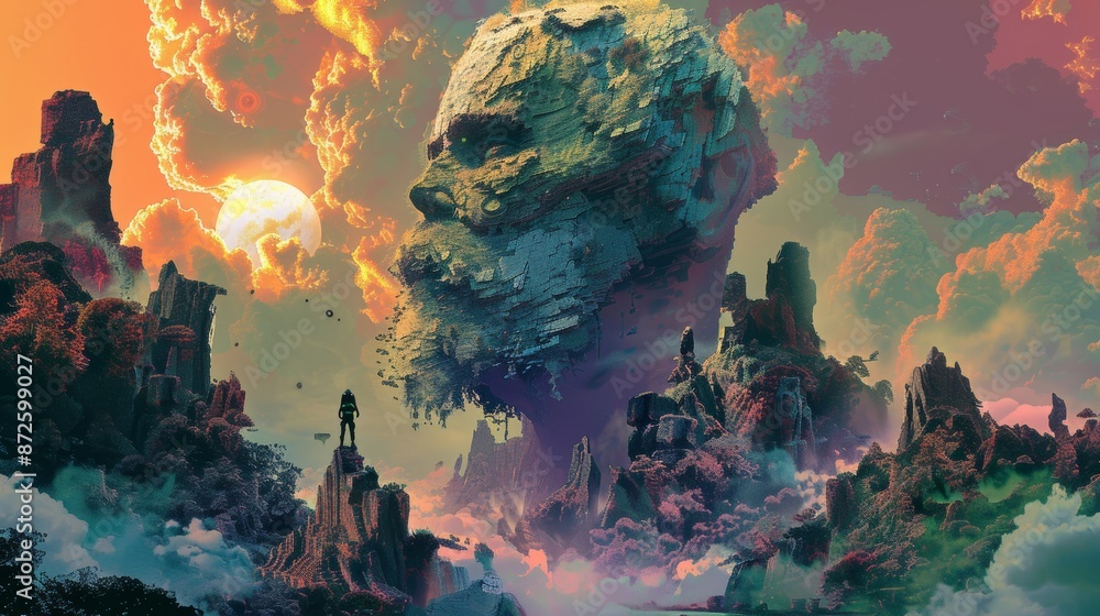 Giant rising from the underground, a man of stone and earth, surrounded ...