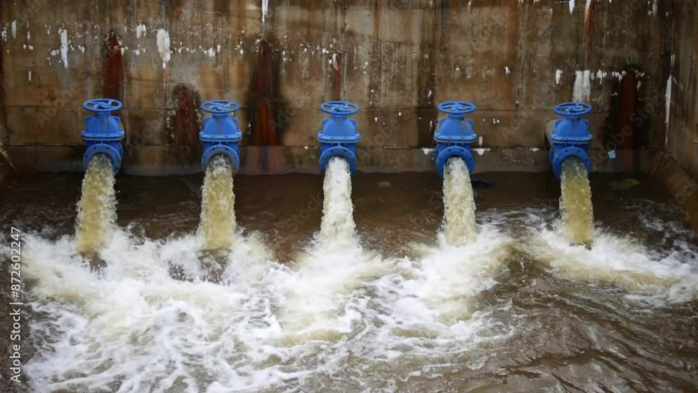 Water outlet from dam wall. Howell Bunker valve in operation ...