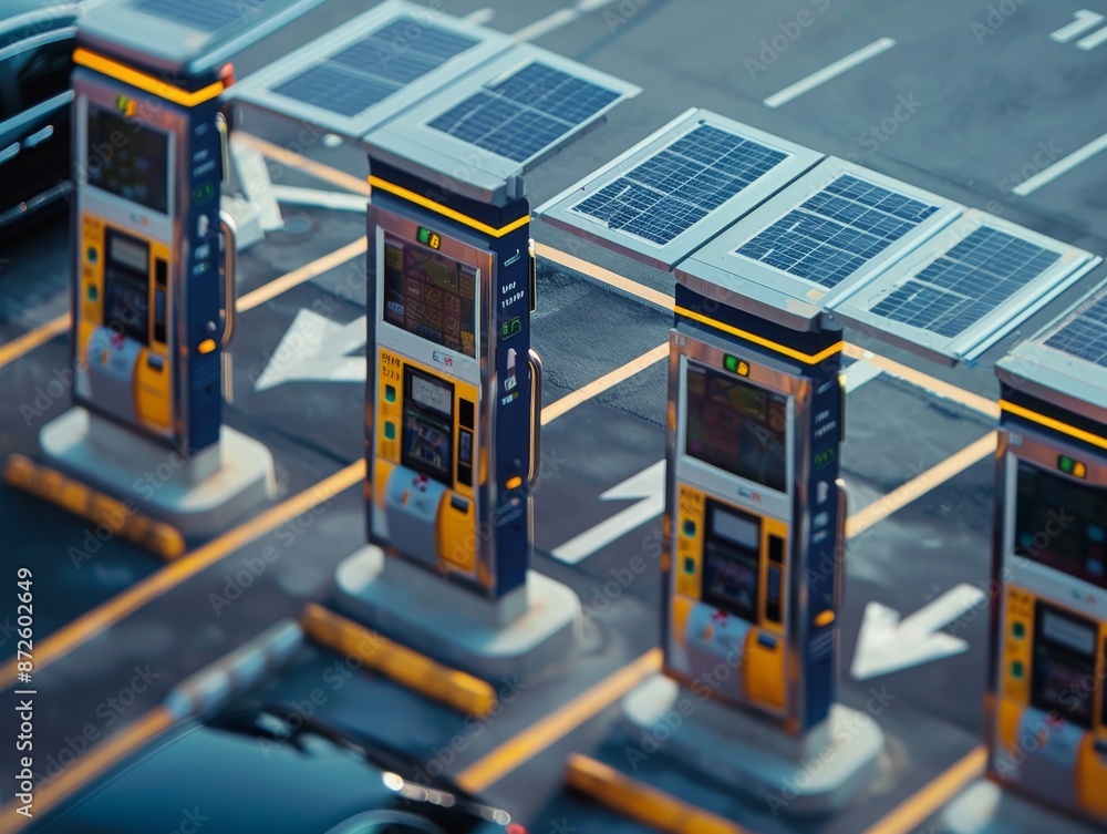 Solar powered parking ticket machines, busy parking lot, integrated ...