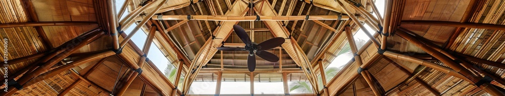 Elegant Bamboo Ceiling Structure with Central Ceiling Fan, Perfect for ...