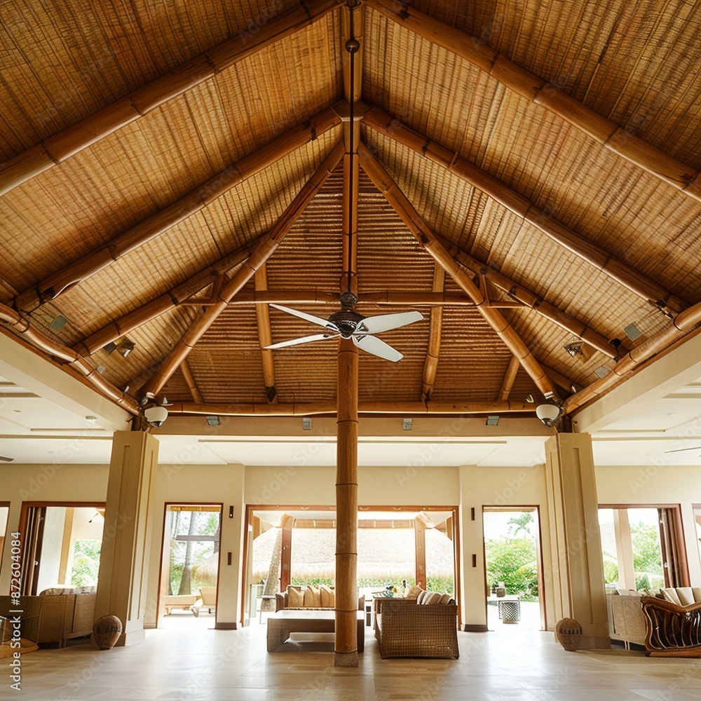 Elegant Bamboo Ceiling Structure with Central Ceiling Fan, Perfect for ...