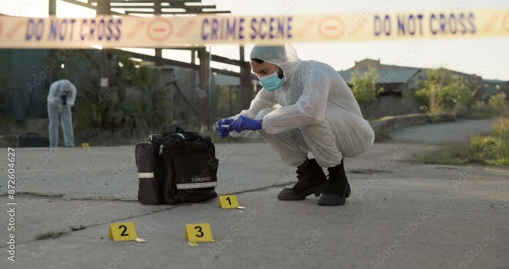 Road, crime scene and person with evidence for investigation ...