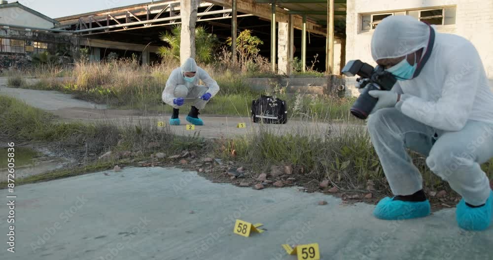 Forensic photographer, crime scene and man on floor for investigation, inspection and ...