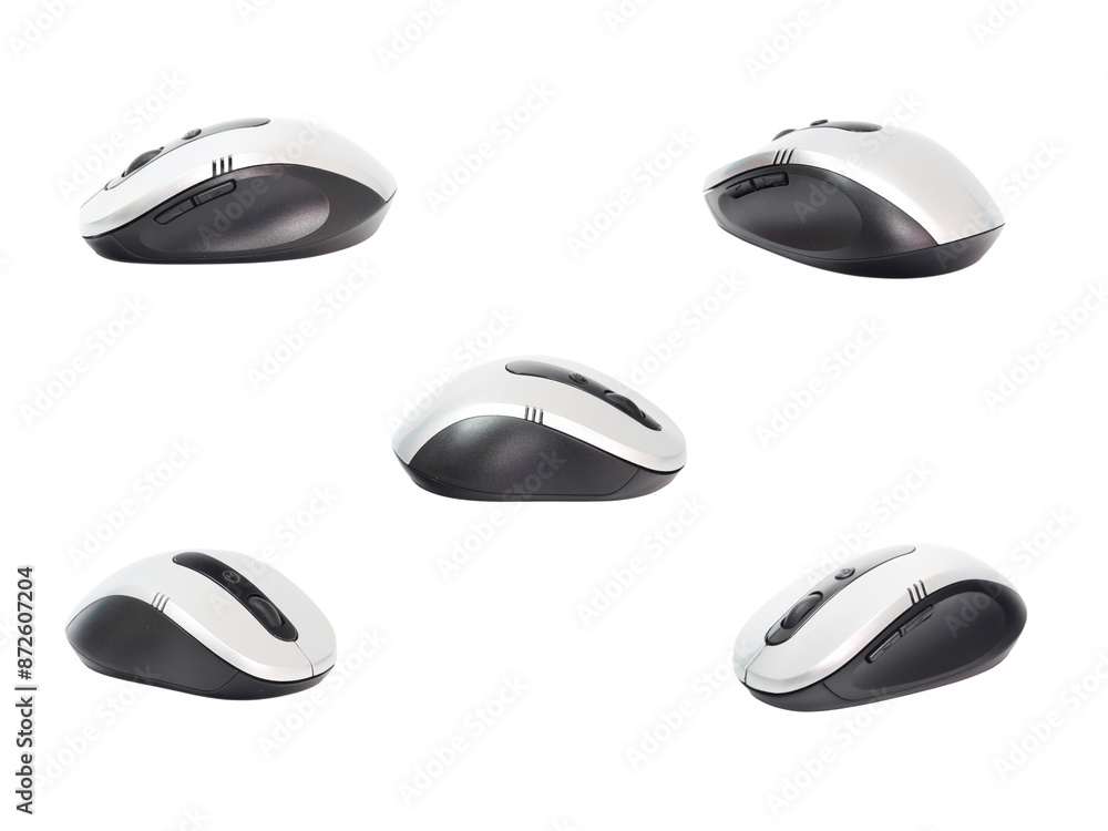 Five-view set of a black and white computer mouse, displayed with a ...