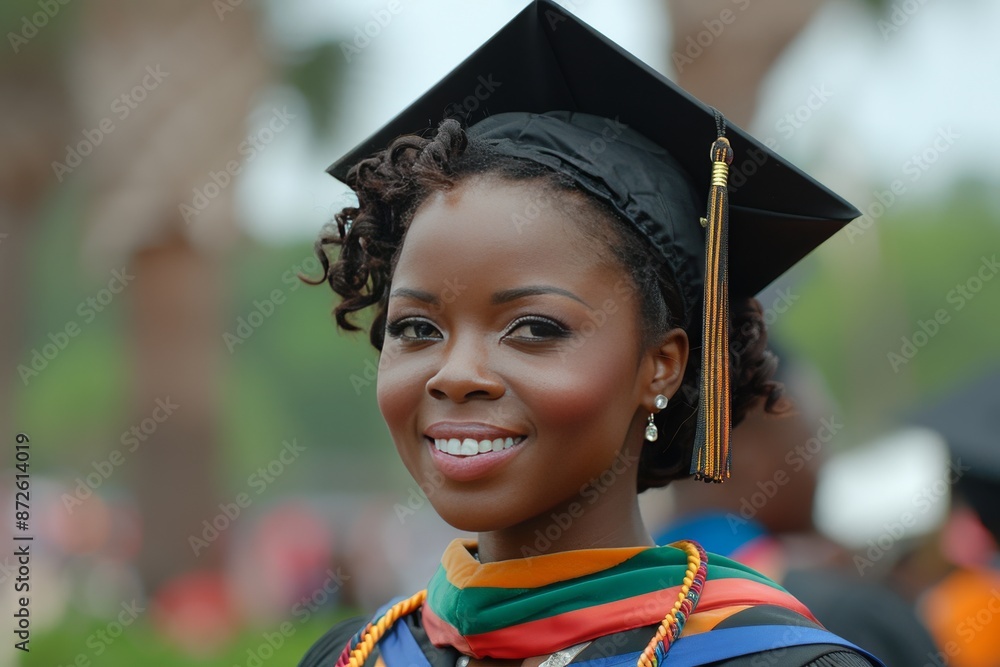 Generate photorealistic image of a young lady who has just graduated ...