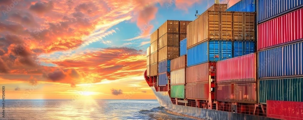 Cargo container ship at sea with a dramatic sunset backdrop, cargo ...