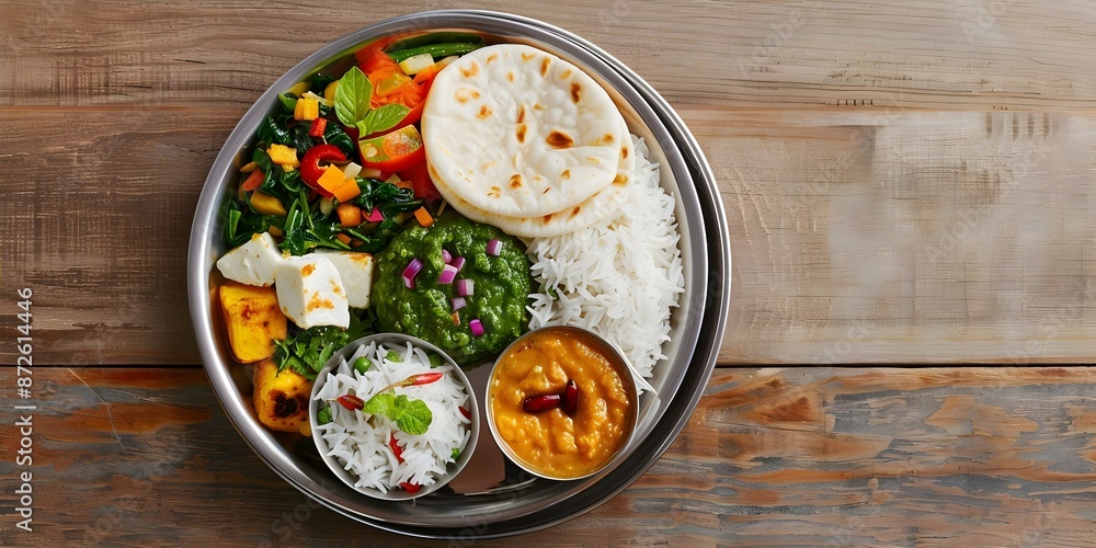 Traditional Indian Thali Featuring Paneer Rice, Palak, and Dal. Concept ...
