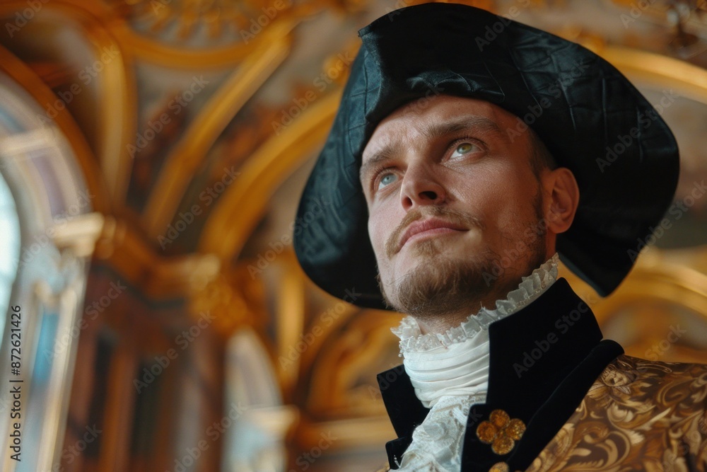 A refined gentleman dressed in an elaborate Renaissance costume and a ...