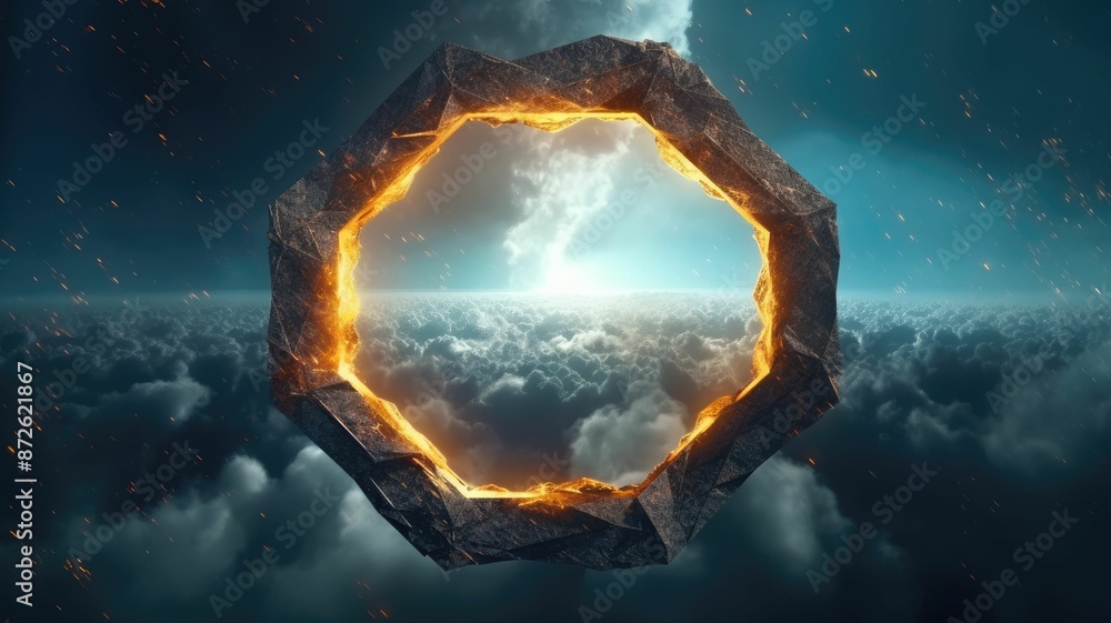 Glowing hexagonal frame in the clouds. Digital art with fiery effect ...