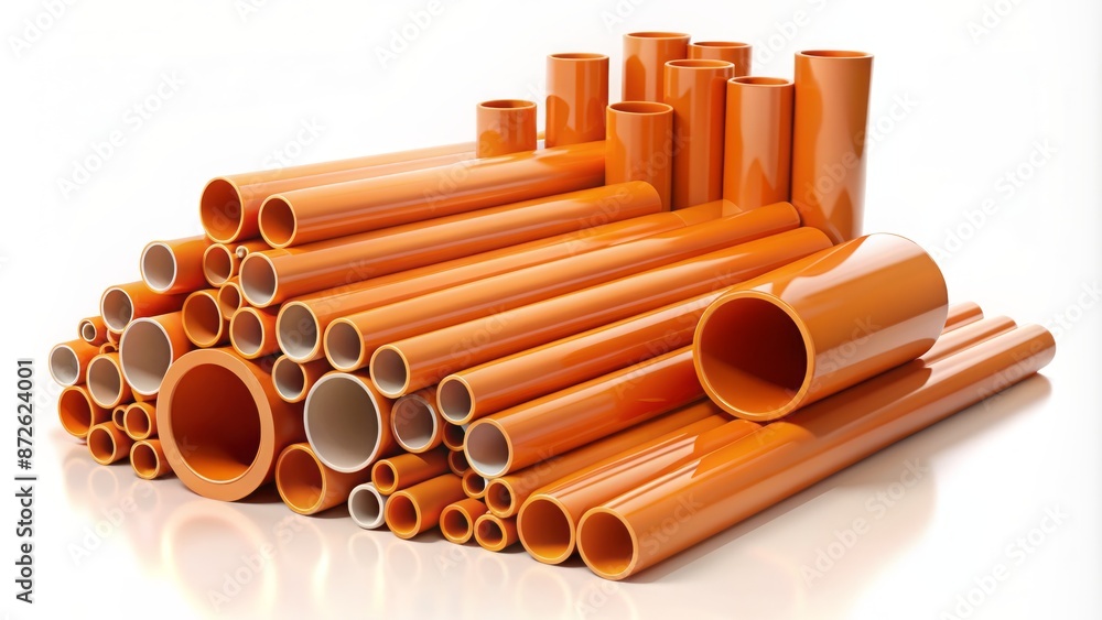 Vibrant orange PVC pipes in various sizes and angles, isolated on a ...