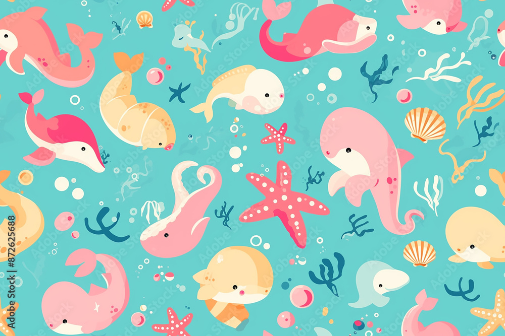 Cute underwater sea creatures pattern with dolphins, starfish, and ...