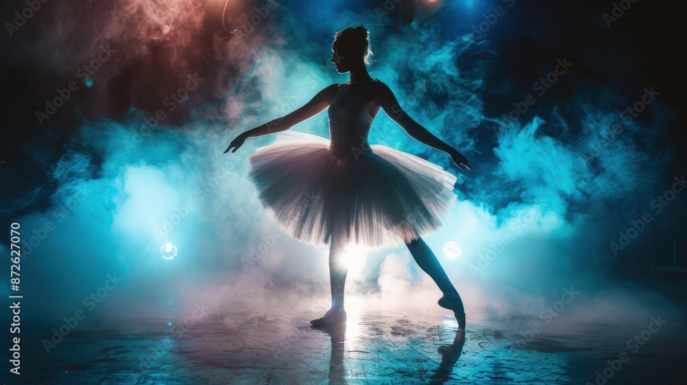 Ballerina in tutu dress dancing on stage with magi light and smoke ...
