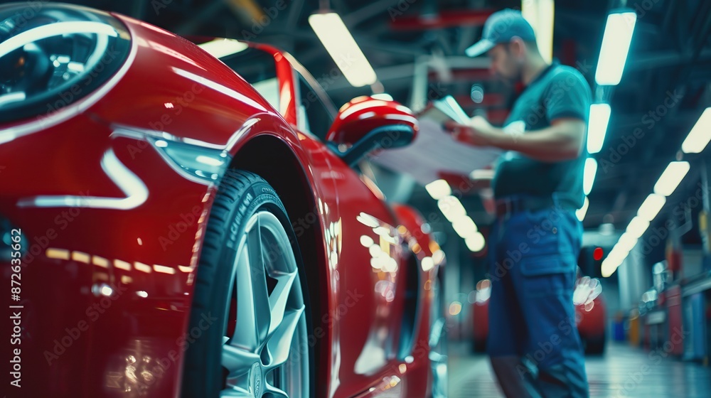 Mechanic show the car checking list for customer with blur his ...