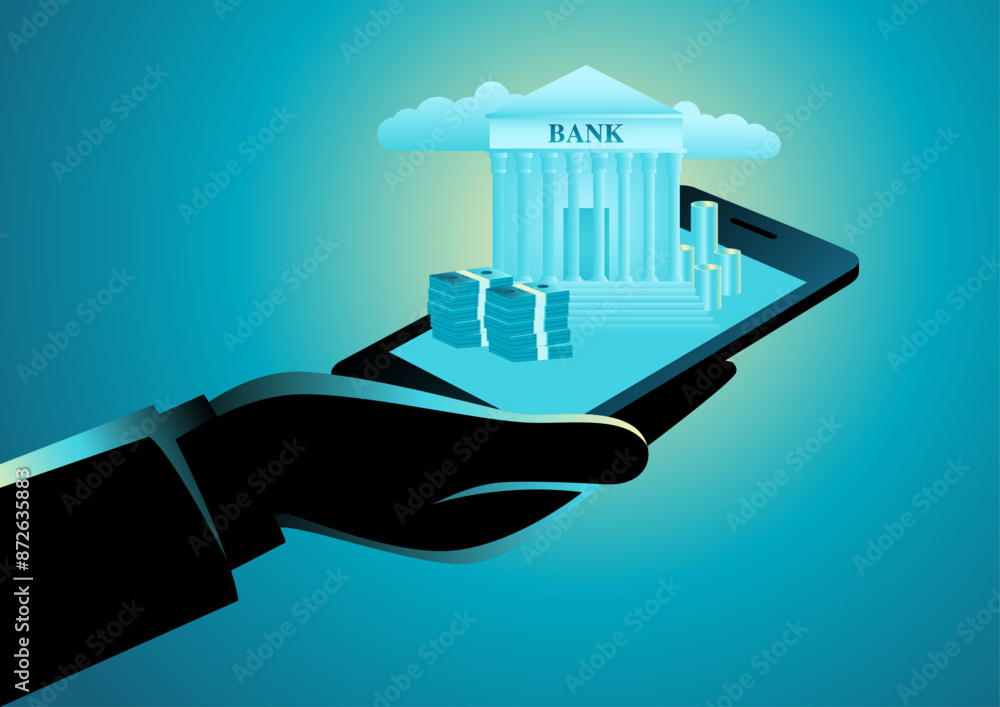 Hands holding a smartphone with a bank building emerging from it ...
