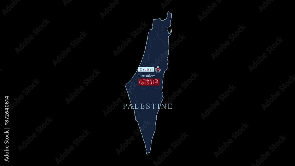 Blue Palestine map with Jerusalem capital city and geographic ...