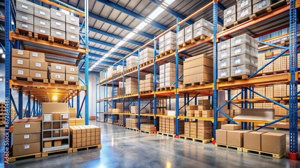 Clean and organized warehouse storage area filled with stacked boxes ...