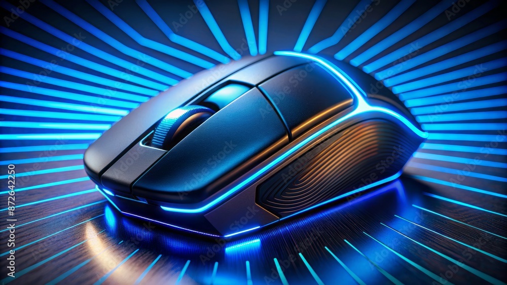 Sleek gaming mouse glows with vibrant blue lines tracing its movement ...