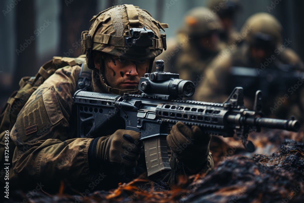 Military soldiers engaging in rifle shooting during training exercise ...
