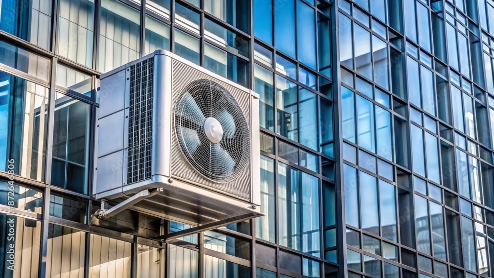 ภาพประกอบสต็อก Sleek silver air conditioning unit installed on exterior ...