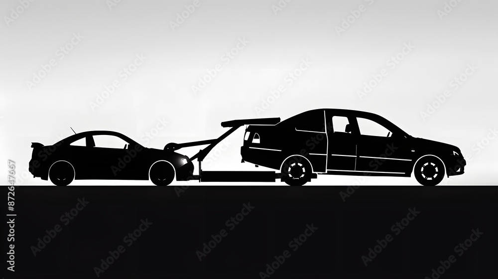 A black and white silhouette of a tow truck towing a car on a flatbed ...