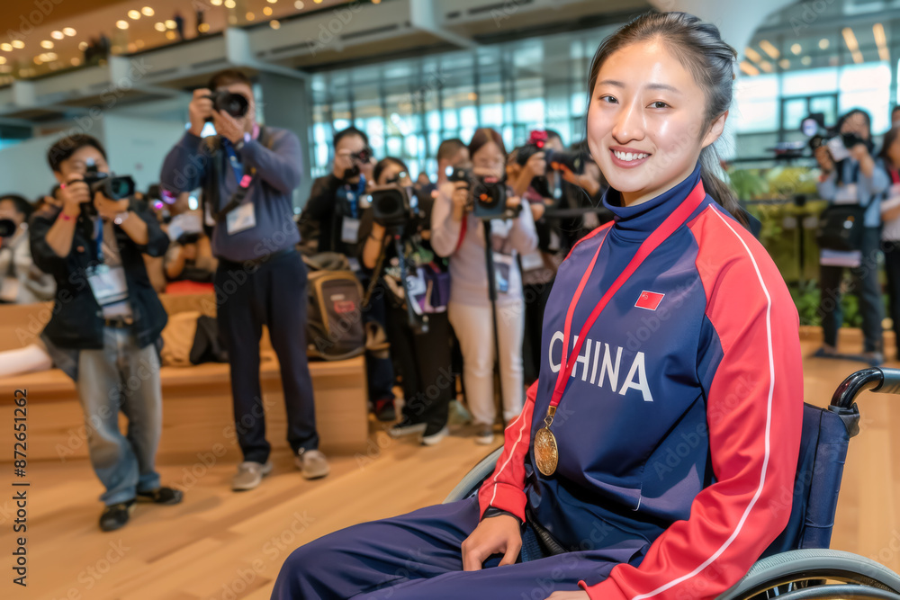 Asian Paralympian Celebrates Gold Medal Victory. A smiling Asian woman ...