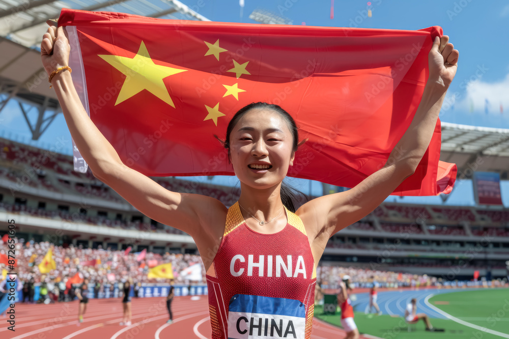 Chinese Female Runner Celebrates Win at Paris Olympics. A young Chinese ...