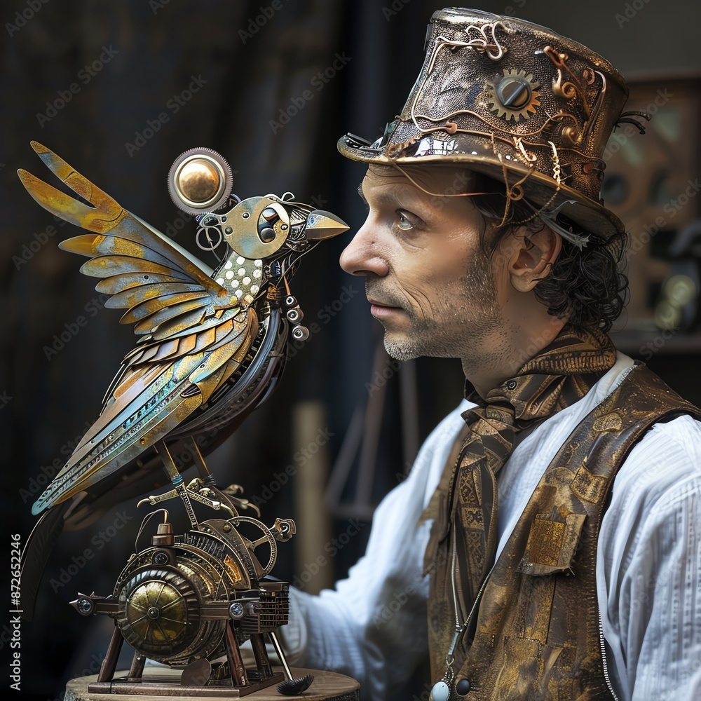 Steampunk inventor with a mechanical bird, oldworld meets futuristic ...