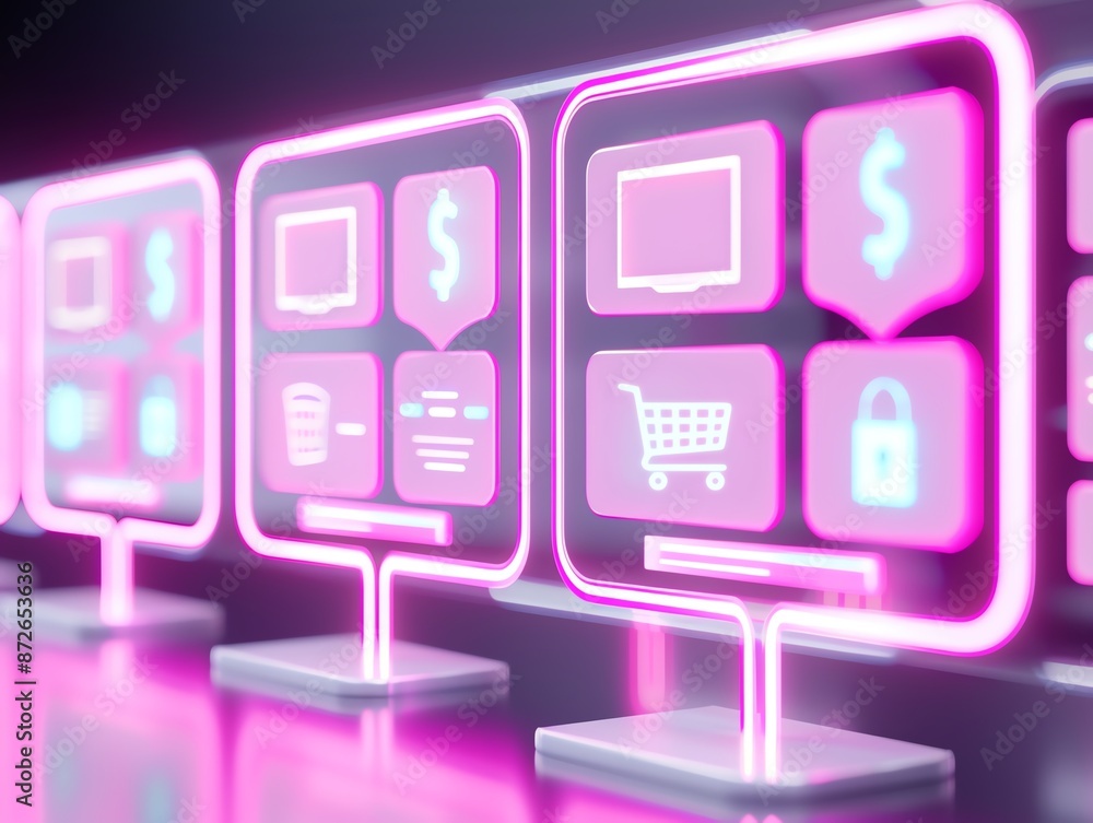 Digital shopping screens in a row, featuring icons for cart, price and ...