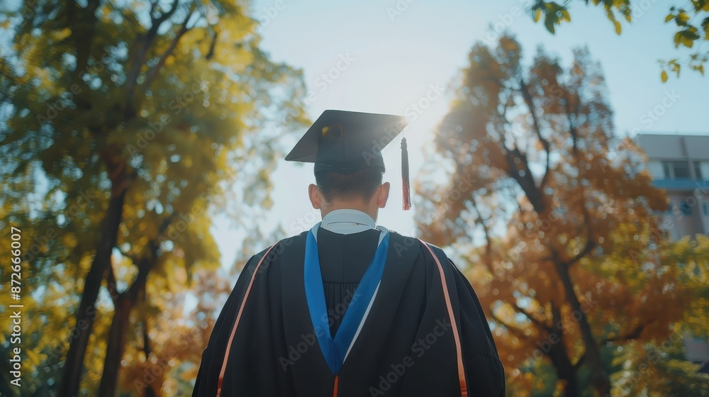 Rear view of university graduates wearing graduation gown and cap in ...