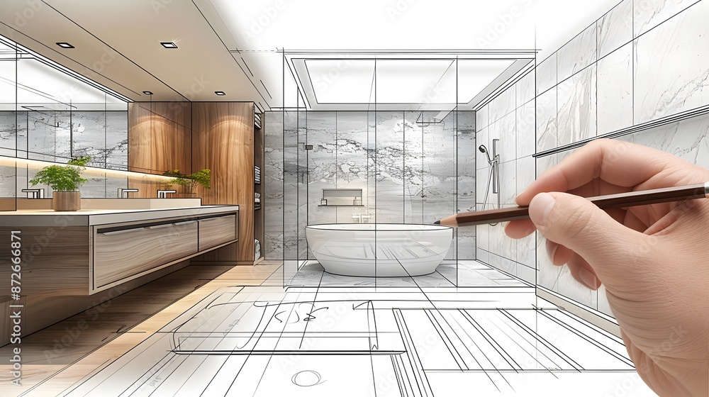 Hand-drawn bathroom design and sketch in modern style with marble walls ...