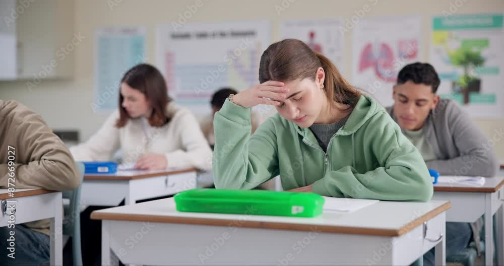 Girl, stress and writing test in classroom with thinking, remember and ...