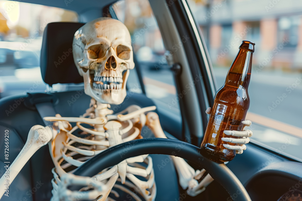 Human skeleton driving a car with a beer bottle is a humorous way to ...