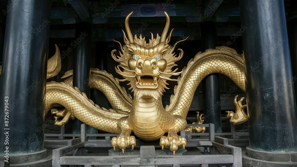 In the heart of an ancient temple in China, a majestic golden dragon ...