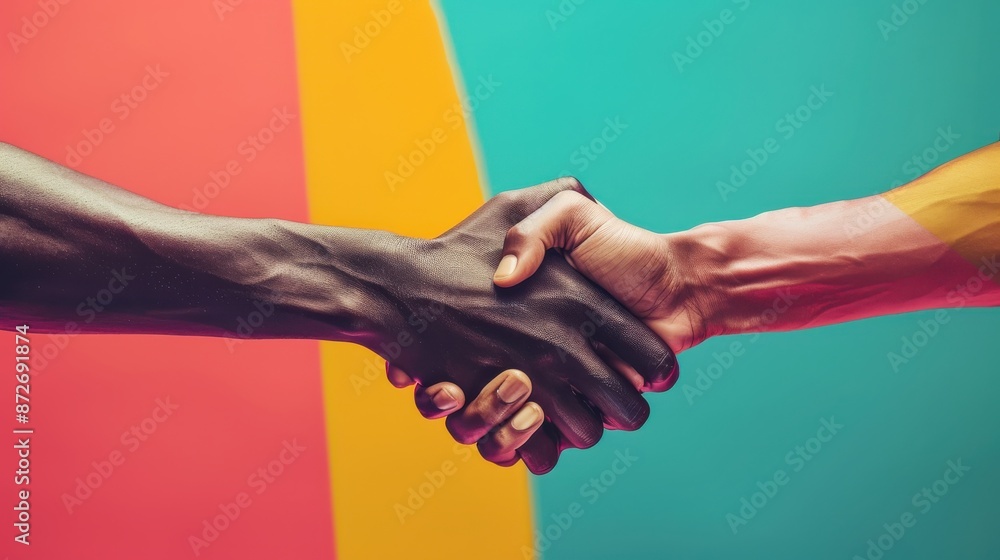 Multiracial runners in a modern handshake to show each other friendship ...