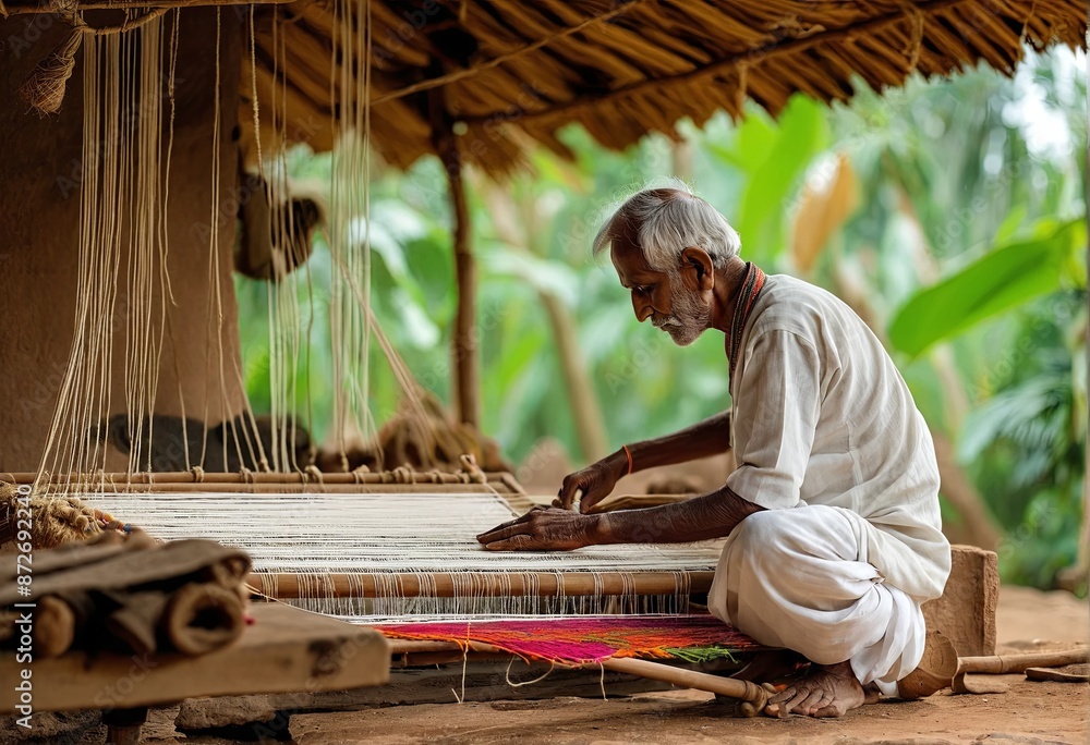 Traditional Indian weaver crafting on handloom in village settingries ...