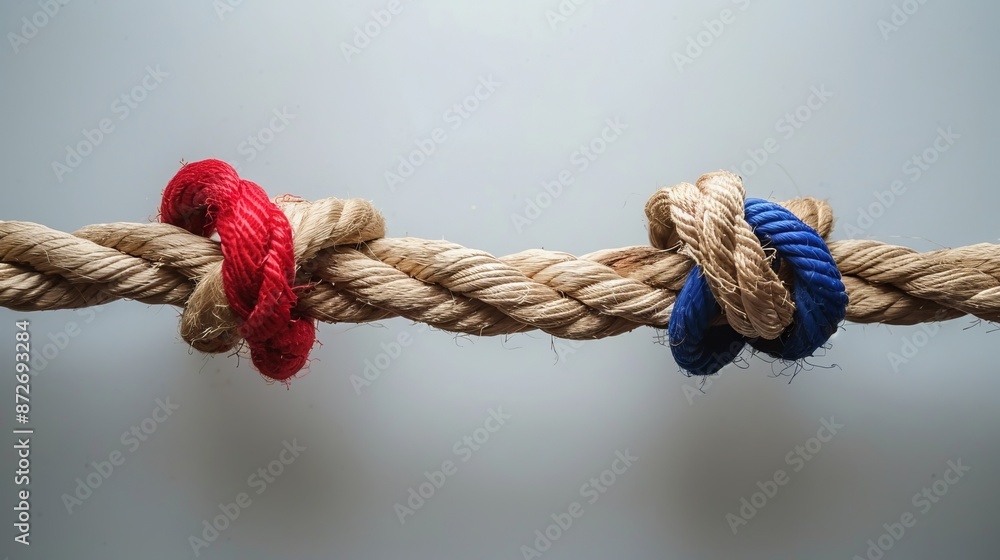 Bipartisan cooperation concept depicted with two different ropes tied ...