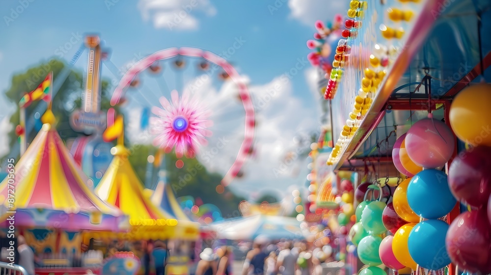 Blurred Carnival Scene with Lively Rides and Colorful Booths for Summer ...