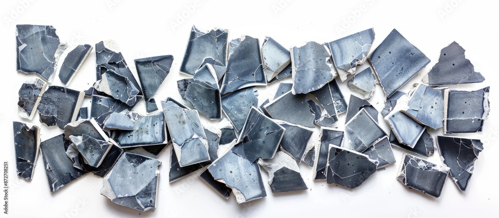 fragments of broken ceramic tiles of gray-blue color in a check on a ...